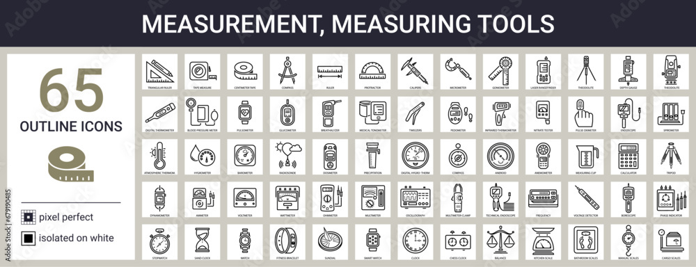 Measurement, measuring tools icon set in outline style Stock Vector ...