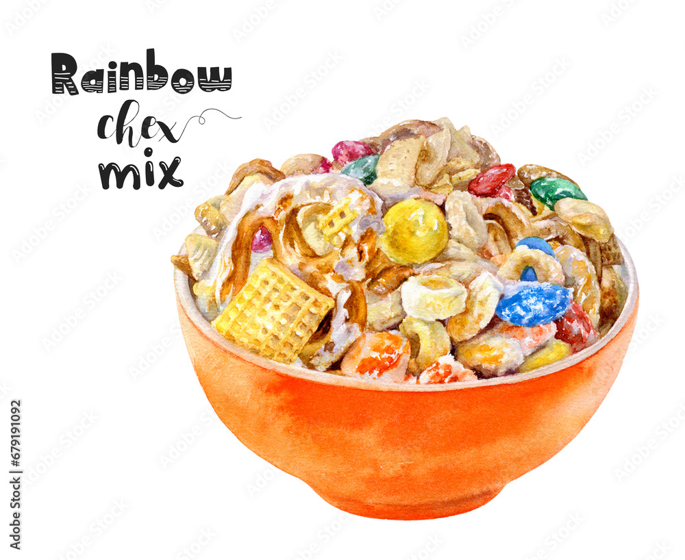 Watercolor illustration of rainbow chex mix bowl close up. Design ...