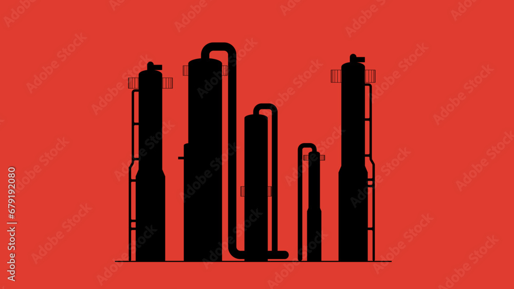A black silhouette showing a crude oil distillation unit with ...