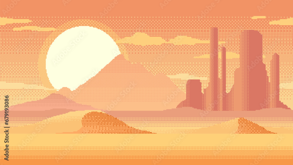 Pixel art desert landscape. 8-bit video game arcade level with sand ... Pixel art desert landscape. 8-bit video game arcade level with sand ...