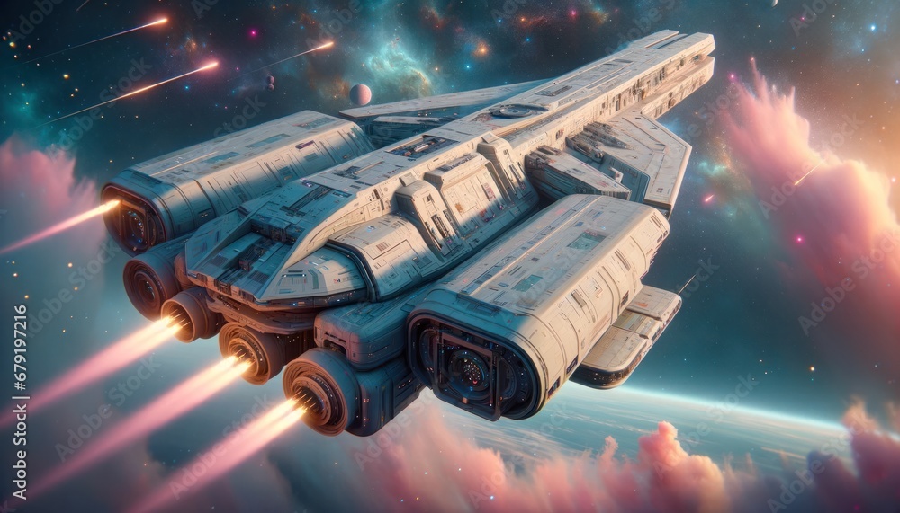 Dynamic close-up of the rear of a sci-fi spaceship with engines blazing ...