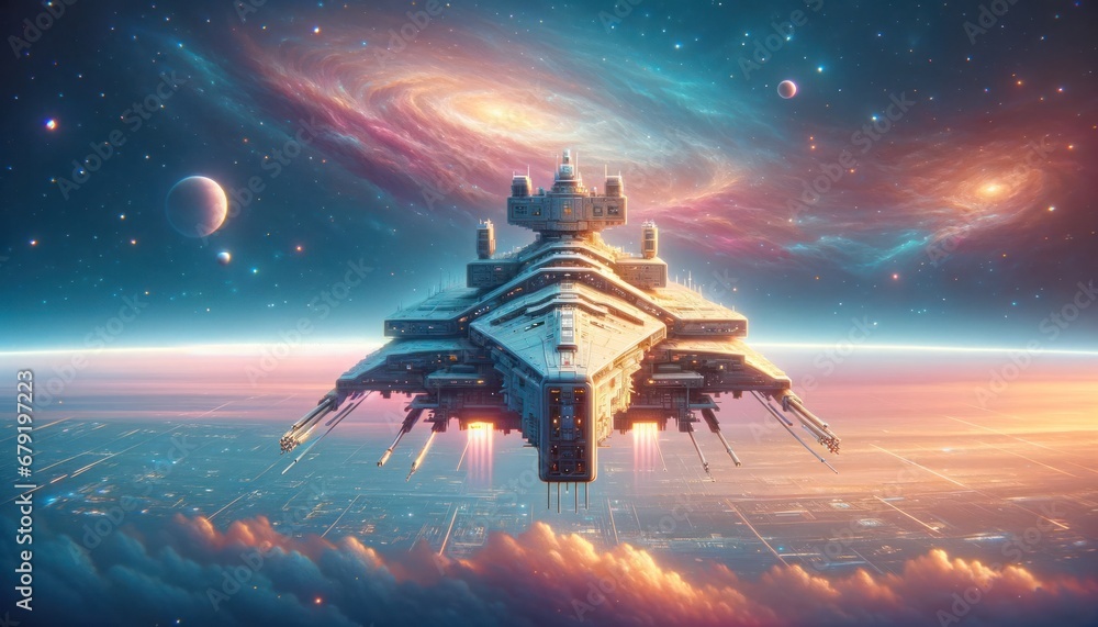Artistic representation of a colossal starship floating over a planet's ...