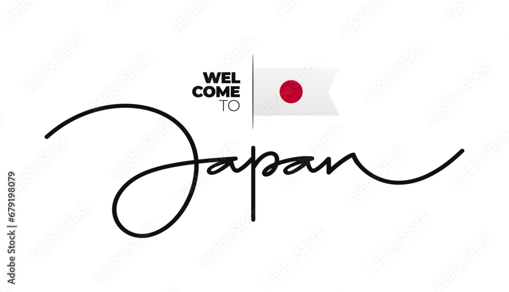Welcome to japan. Japanese text handwritten with flag isolated on white ...