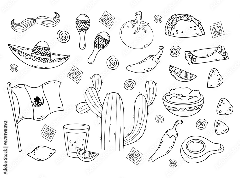 Mexico doodle set. Elements of Mexican Culture Traditional Symbols ...