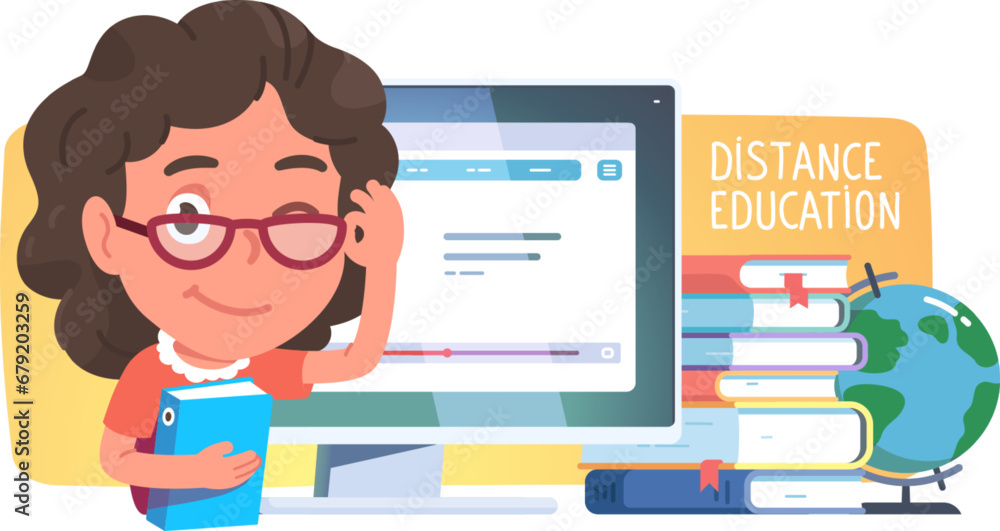 Teacher getting ready to distance education webinar using her desktop pc and some books. Happy ...