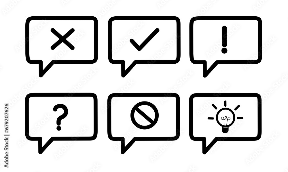 set of speech bubble icons with various symbols of check mark, cross ...