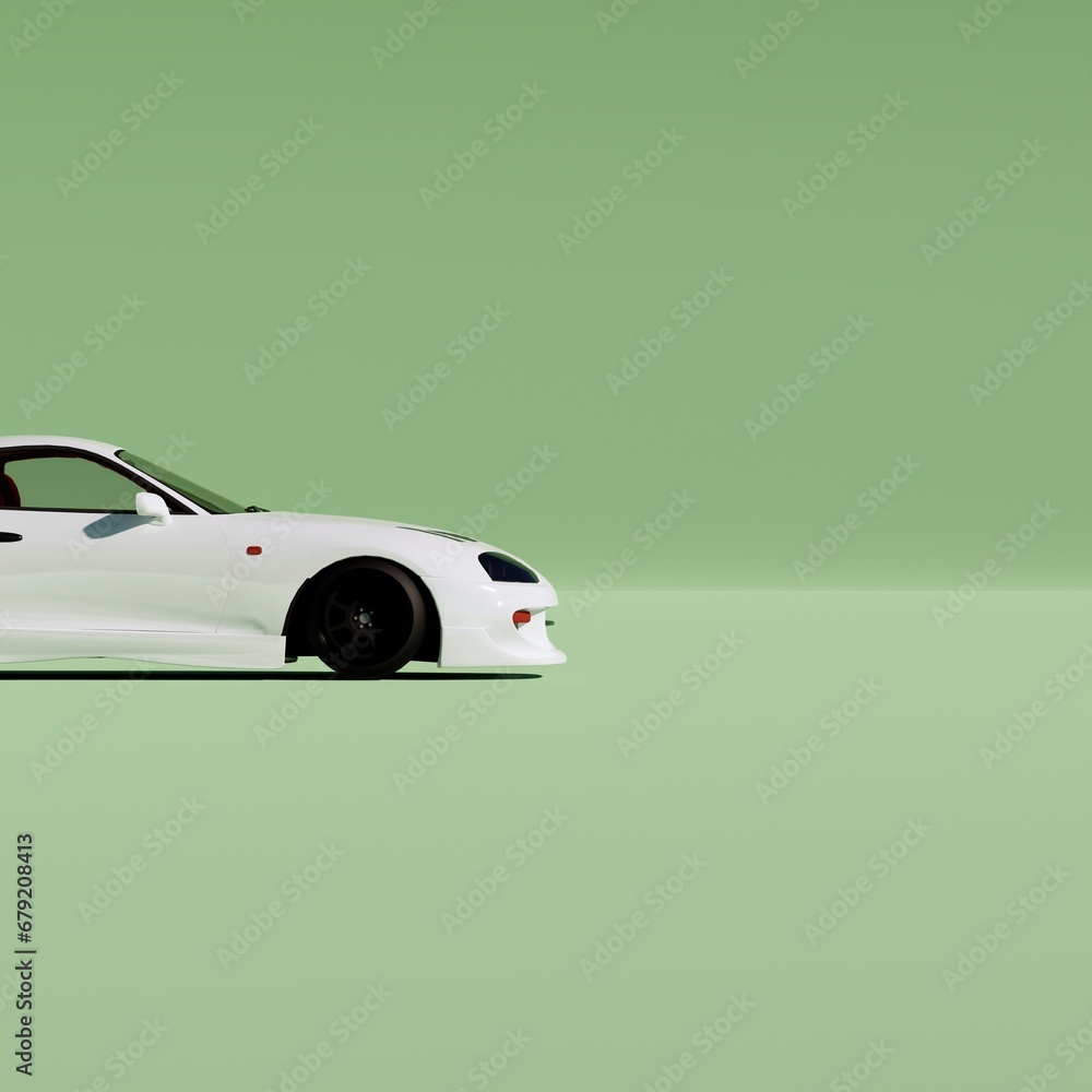 4K Square side view agle a white metalic supercar with green pastel ...