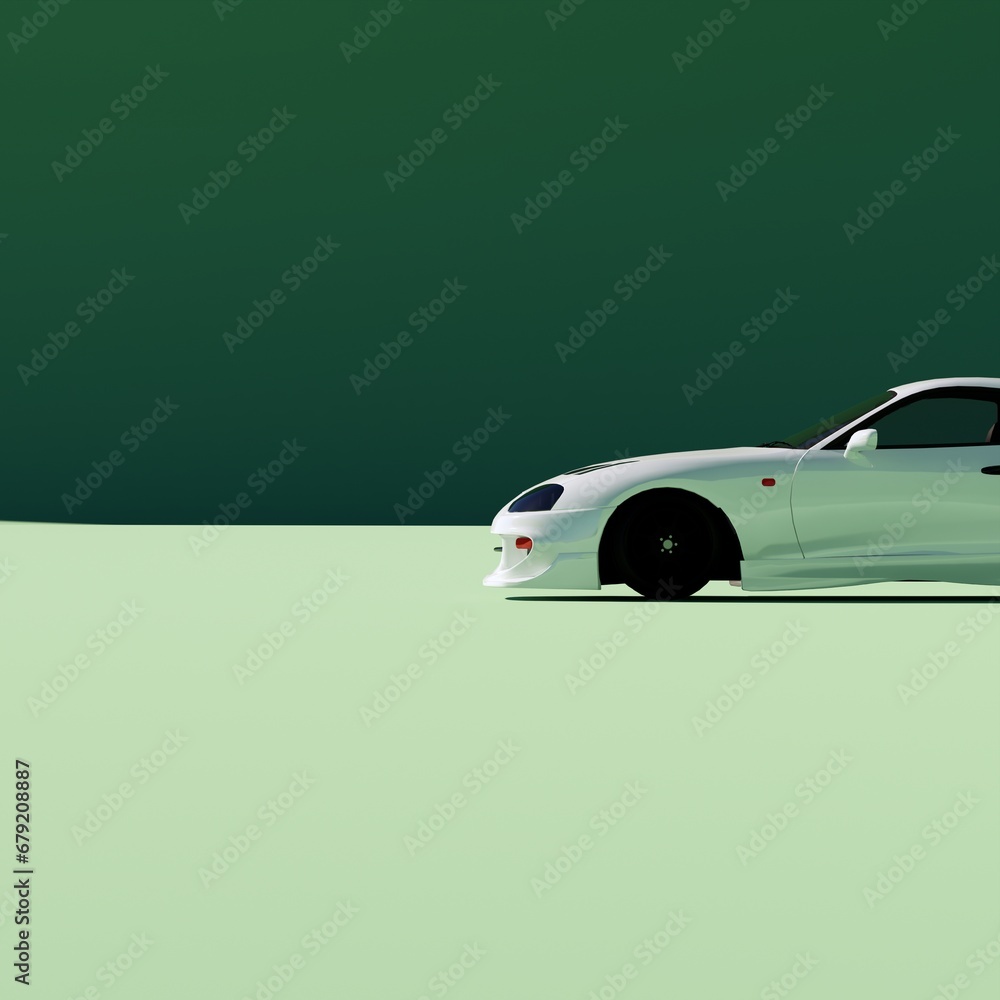 4K Square side view agle a white metalic supercar with green pastel ...