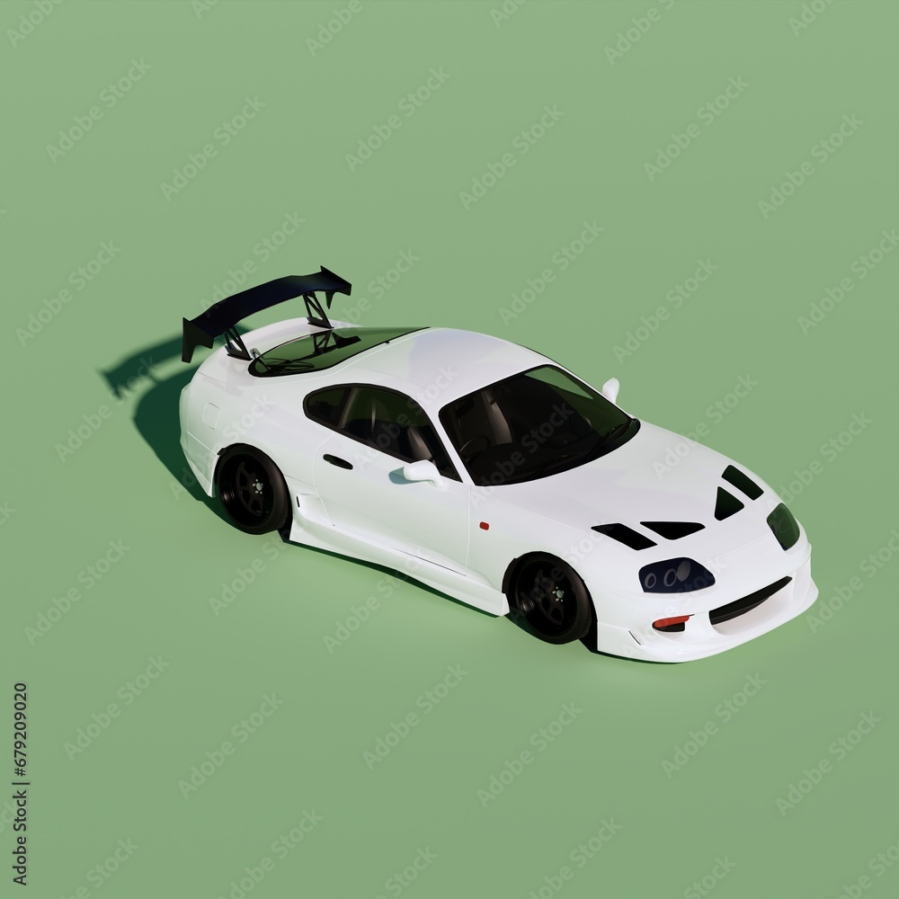4K Square side view agle a white metalic supercar with green pastel ...