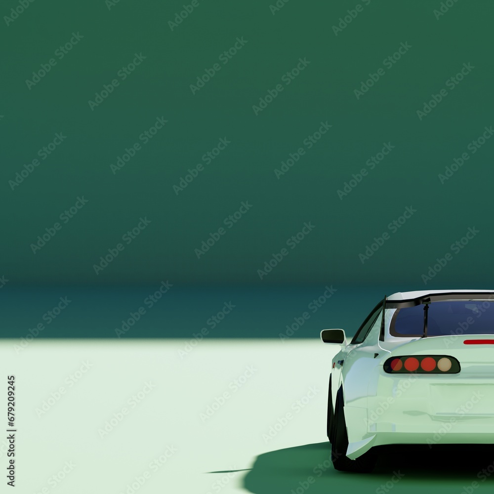 4K Square rear or back view agle a white metalic supercar with green ...