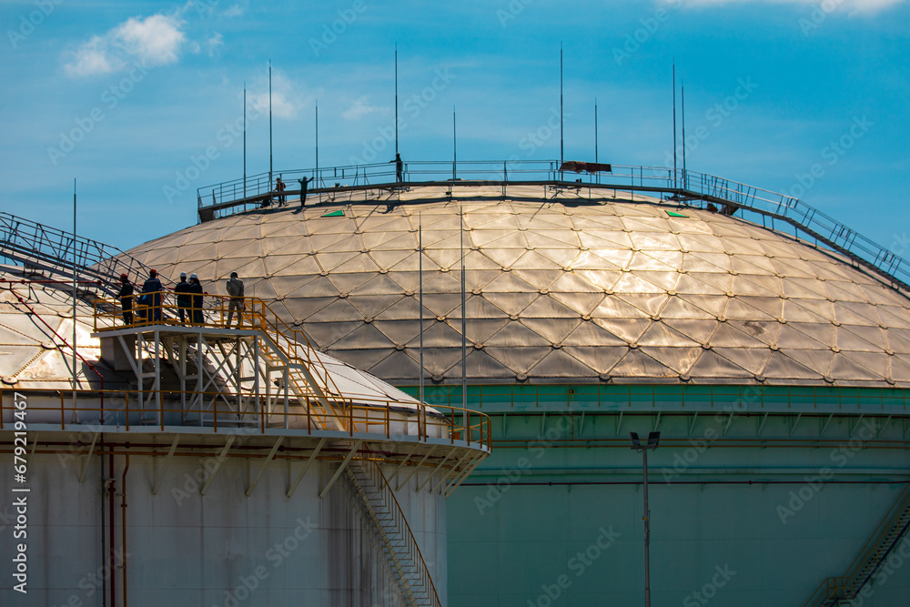 Male workers rope access height safety connecting with eight knots ...