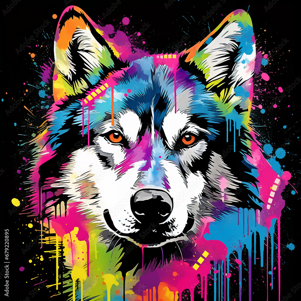 vibrant pop art wolf executed in rich colors with dripping paint and ...