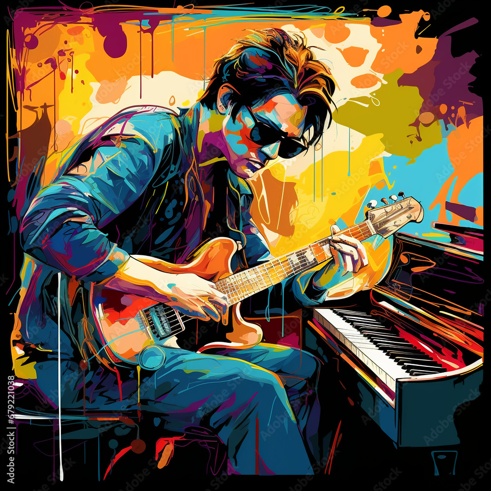 vibrant pop art musician executed in rich colors with dripping paint ...