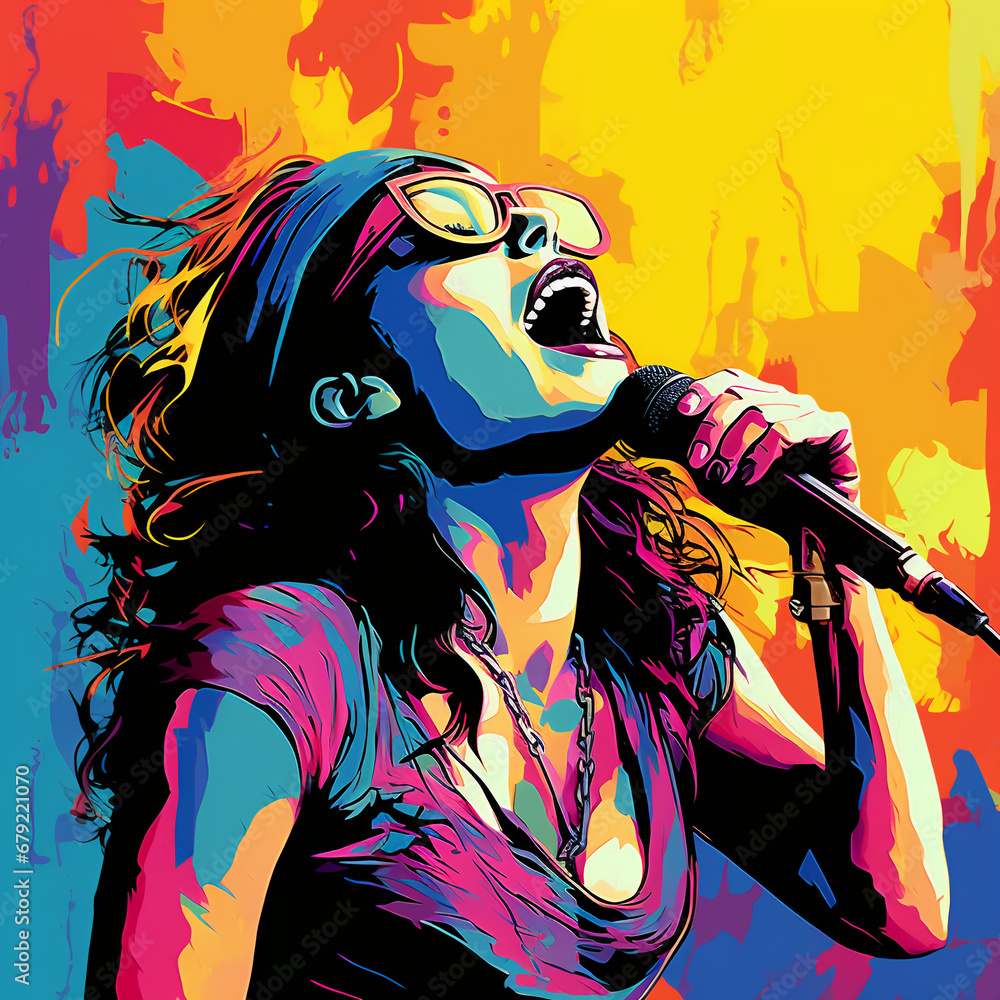 vibrant pop art portrait of a singing woman executed in rich colors ...