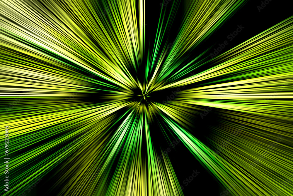 Abstract surface of radial zoom blur in yellow, green tones on a black ...