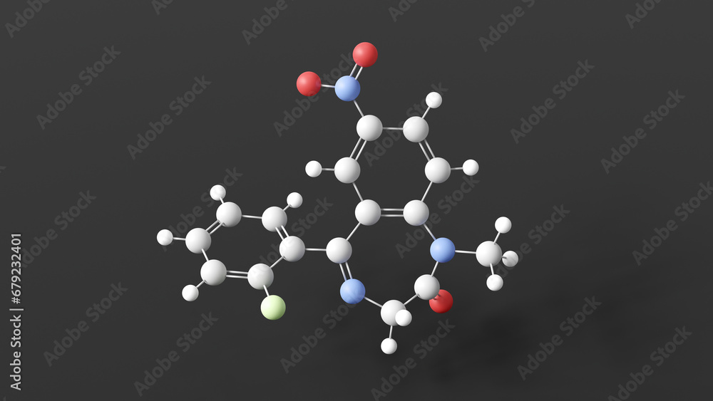 flunitrazepam molecular structure, benzodiazepine, ball and stick 3d ...