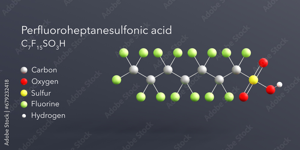 perfluoroheptanesulfonic acid molecule 3d rendering, flat molecular ...