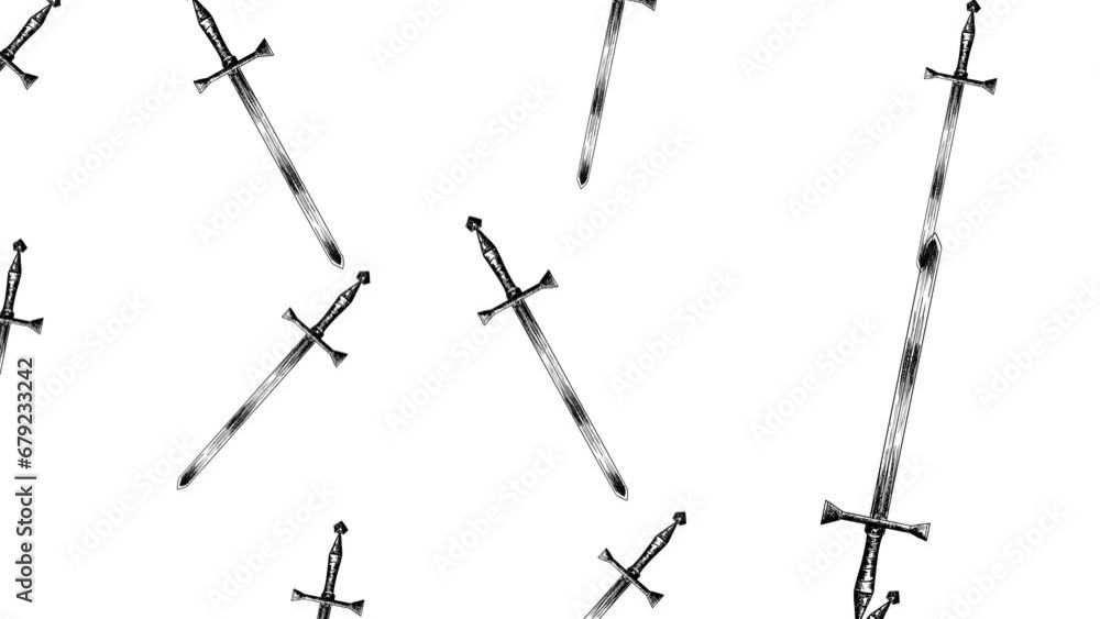 Rotating swords on a black screen. Looped background with bladed ...