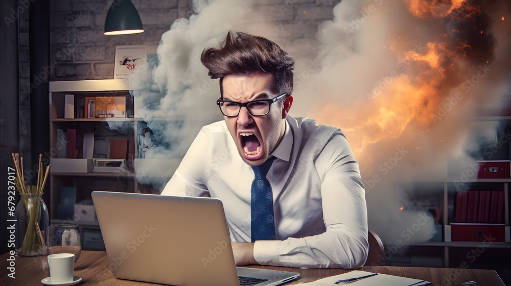 Dramatic reaction of an office worker with a fiery explosion backdrop ...