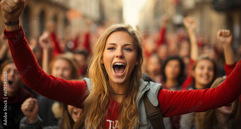 Student at student protest shouting with his arms raised in protest ...