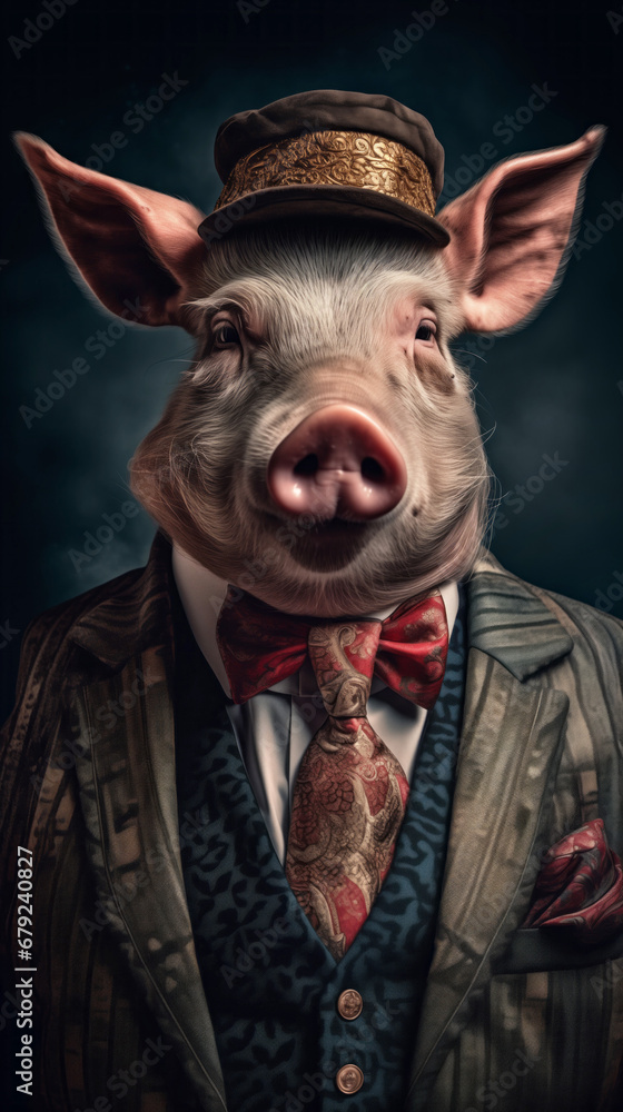 Pig dressed in an elegant suit with a nice tie. Fashion portrait of an ...