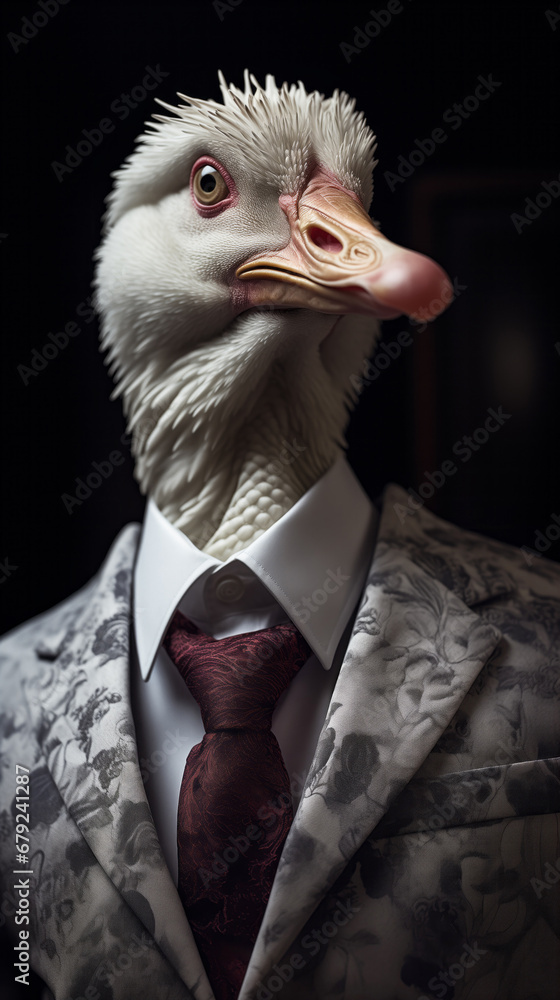 Goose dressed in an elegant white suit with a nice tie, confident and ...