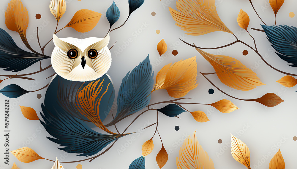 Cute owl pattern gold lines. Seamless pattern with tree branches and ...