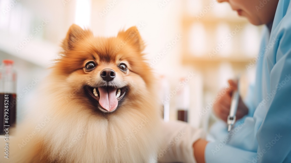 Animal clinic. Pomeranian dog getting injection with vaccine at ...