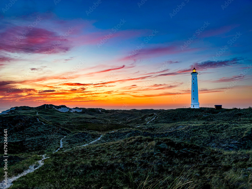 Sunset at the lighthouse Lyngvig Fyr near Hvide Sande in Denmark. Stock ...