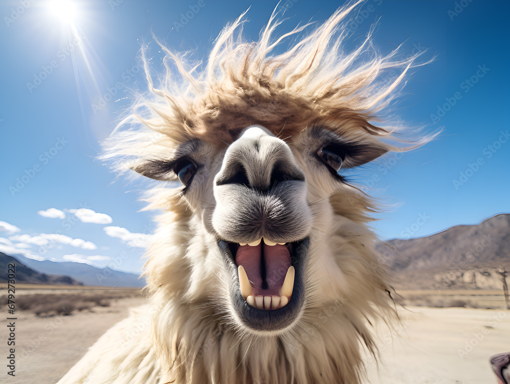 Cheerful Llama Smiling Wide Under the Bright Sun in a Clear Blue Sky ...