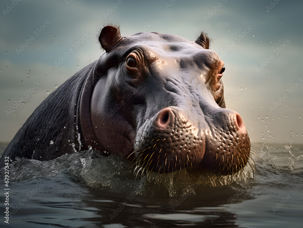 Hippopotamus's Head Above Water, Eyes Full of Wisdom. Close-Up of a ...