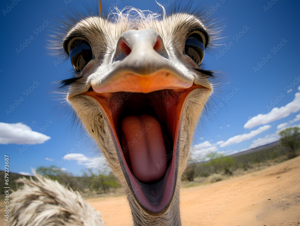 Funny ostrich screaming. Comical Ostrich with Wide Open Beak Against a Clear Blue Sky. Hilarious ...