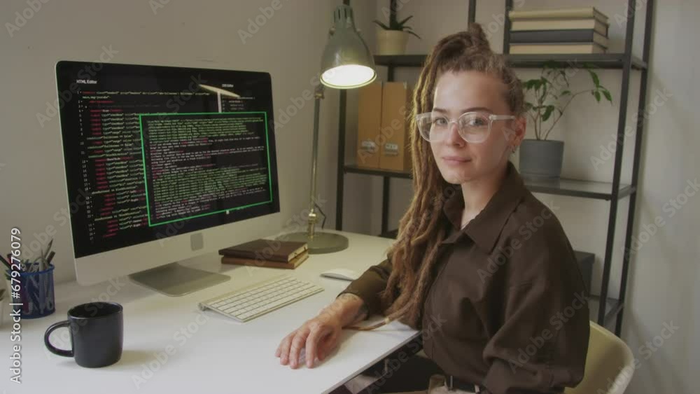 Waist Up Portrait Of Young Attractive Caucasian Female Programmer With