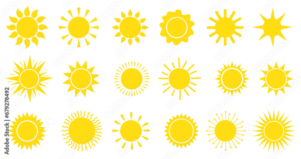 Warm sun symbols. Suns png icons, natural sunshine symbol set, spring ...