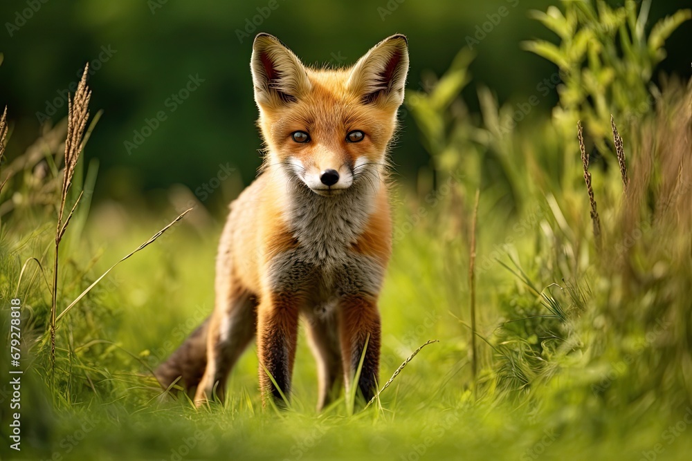 Red fox Vulpes vulpes in the grass, Red foxes standing in different ...