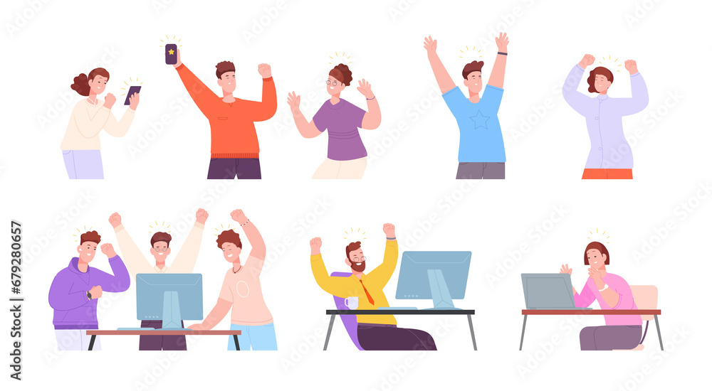 People rejoice luck. Winners celebrate success win victory, achievement ...
