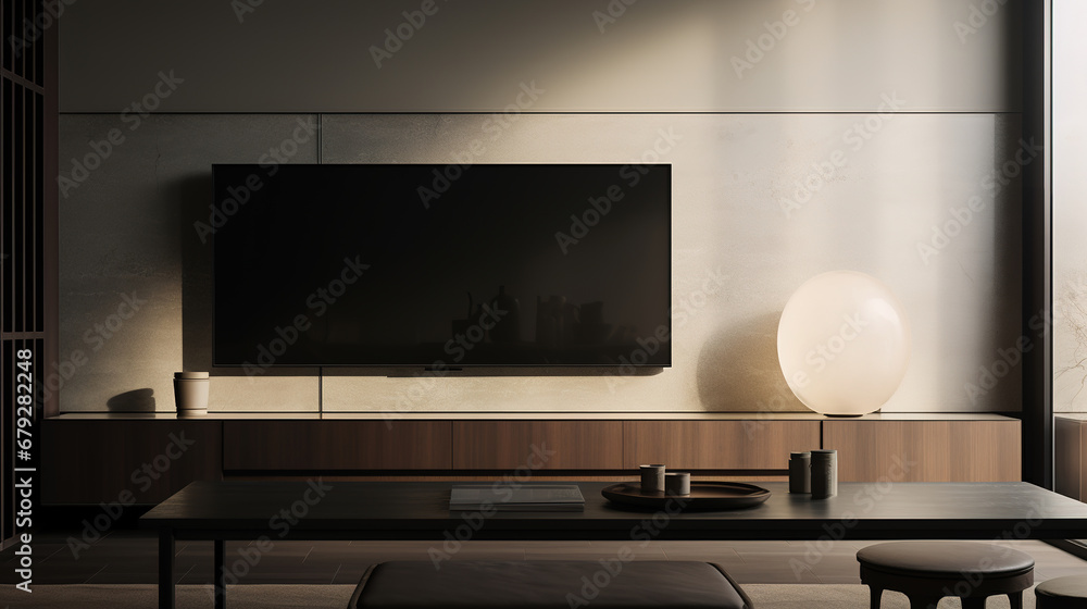 Generative AI, TV mock up in modern living room background ...