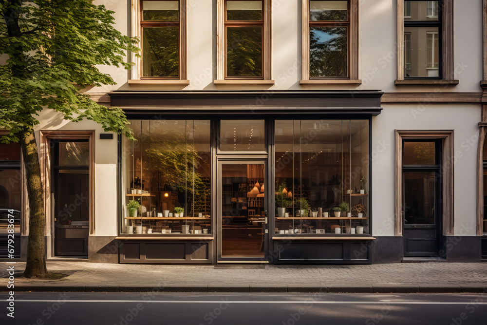 Elegant cafe facade, large windows, wooden accents, city street setting ...