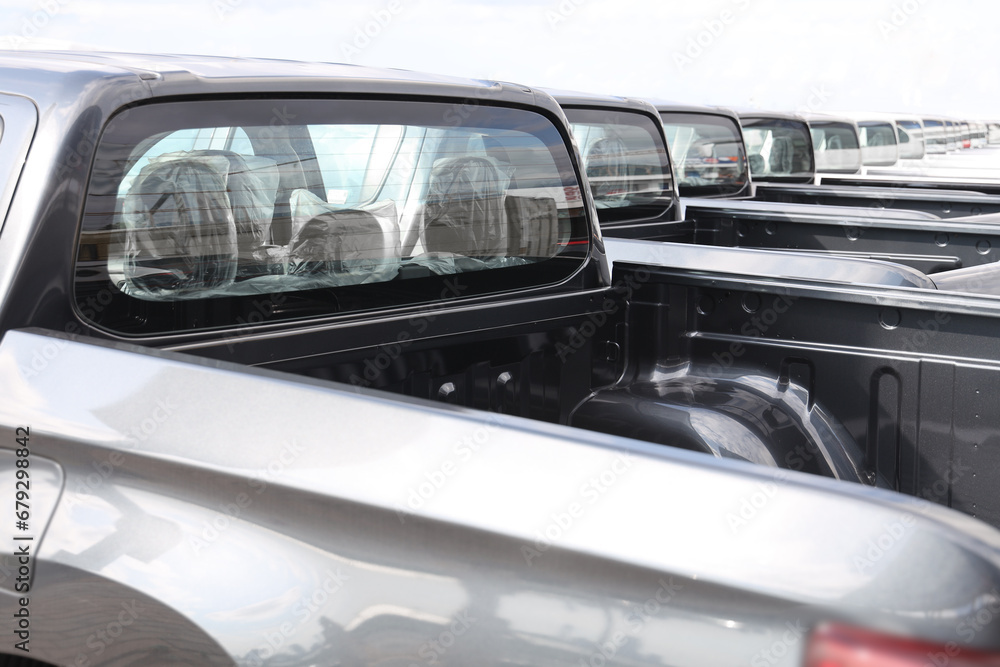 new grey SUV PICKUP vehicle, back view. Photography of a many, a lot ...