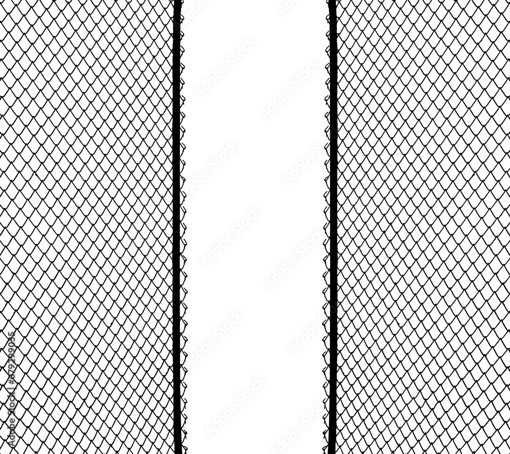 Opening in metallic net fence. isolated on white background. Challenge ...