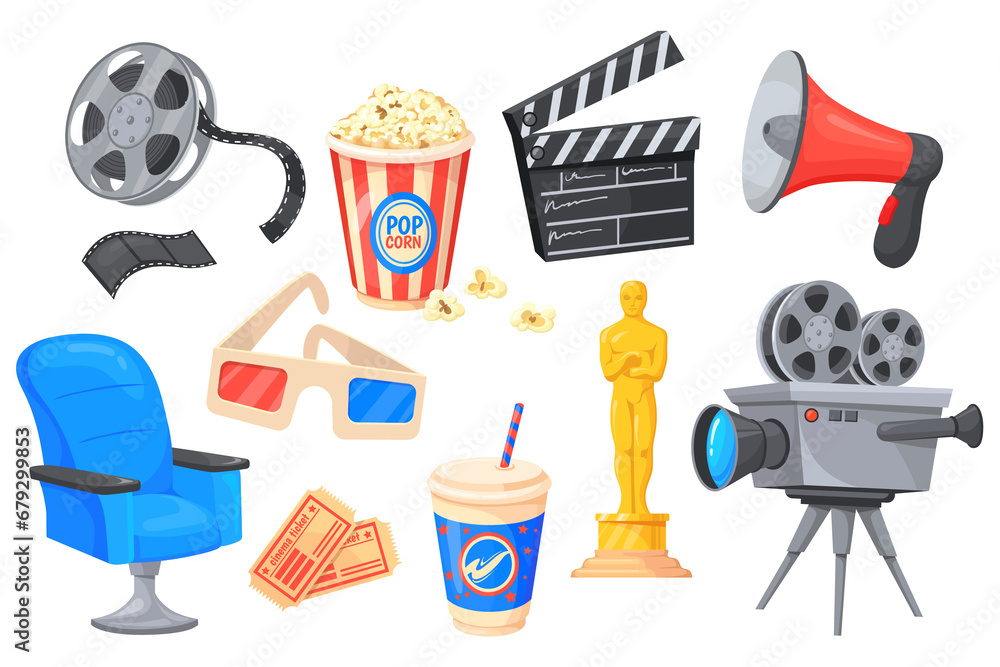 Cartoon cinematography elements. Movie theater, cinema 3D camera tv ...