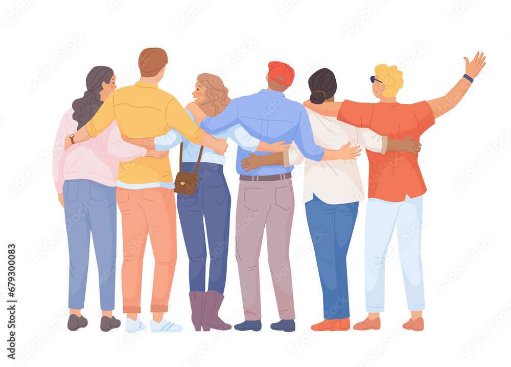 Hugging backs. Group people hugs friends back view, embrace diverse ...