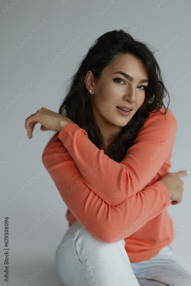 Beautiful Woman Of 30 Years Old Sitting On Chair White Background