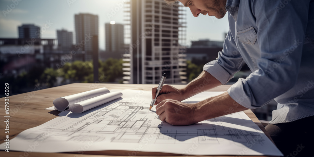 An architect scrutinizes building plans on a rooftop, overseeing an ...