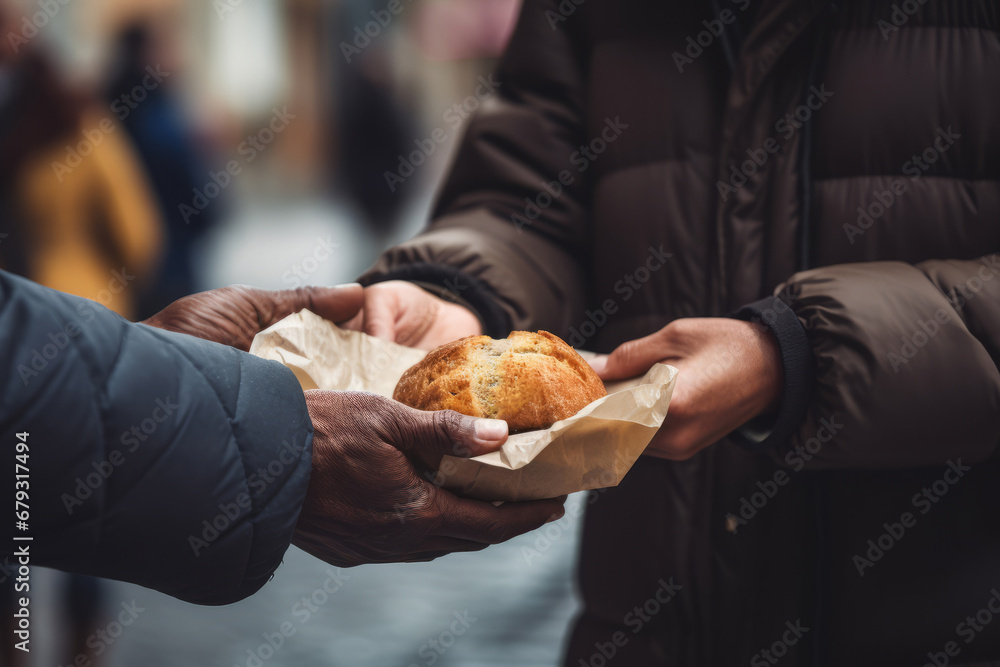 Volunteer hands giving to poor old homeless man food. Donation, charity ...