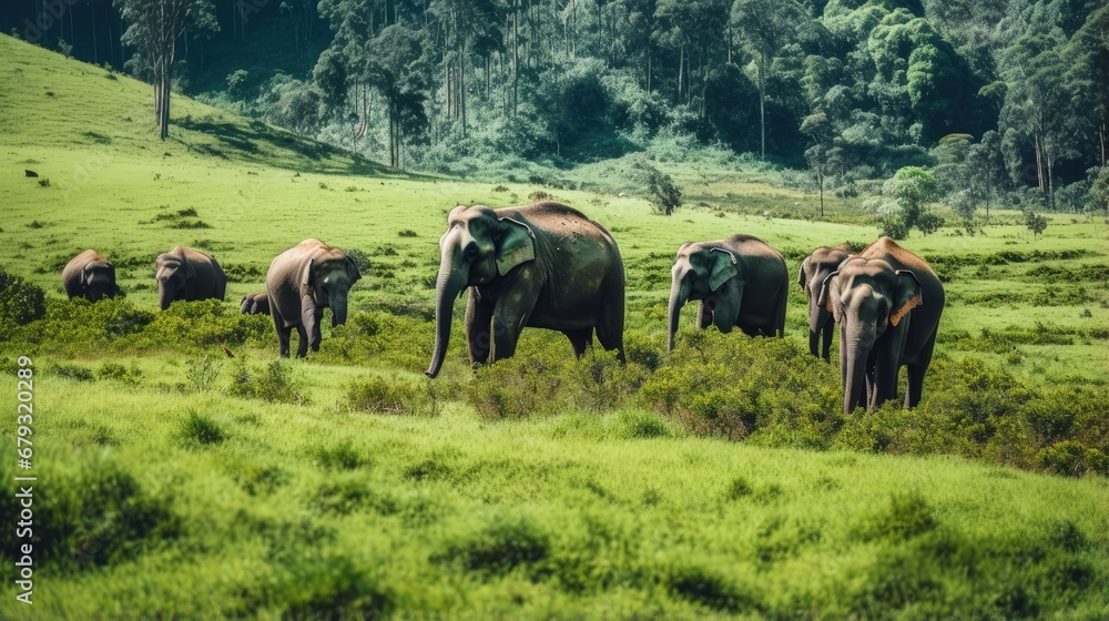 many wild elephants grazing green grass in forest meadow. elephant ...
