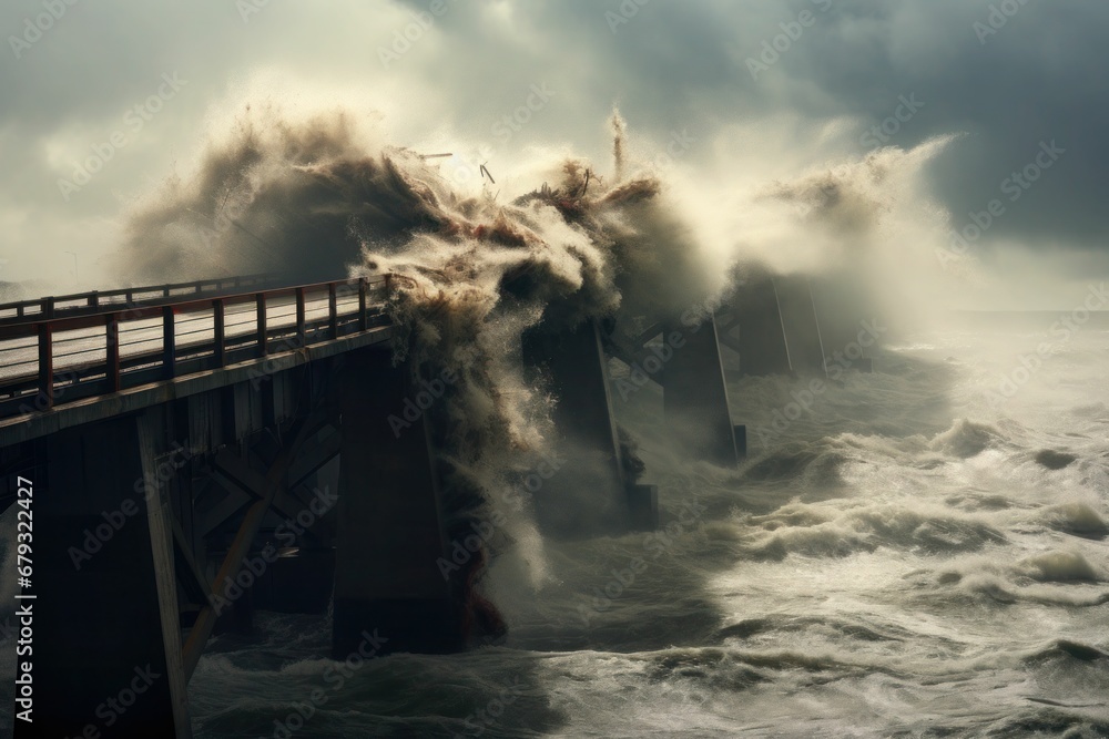 Coastal Tempest: Waves Crashing on Pier Stormy sea, violent waves, pier ...