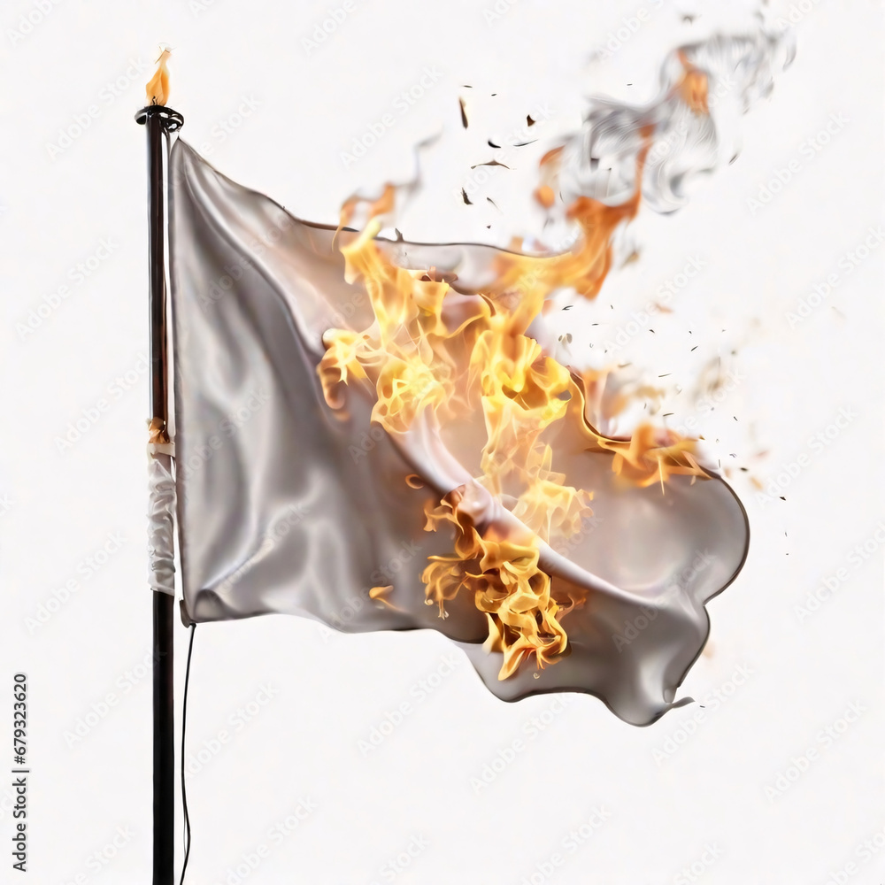 burned, burn, burning white flag for mockup, isolated on white ...