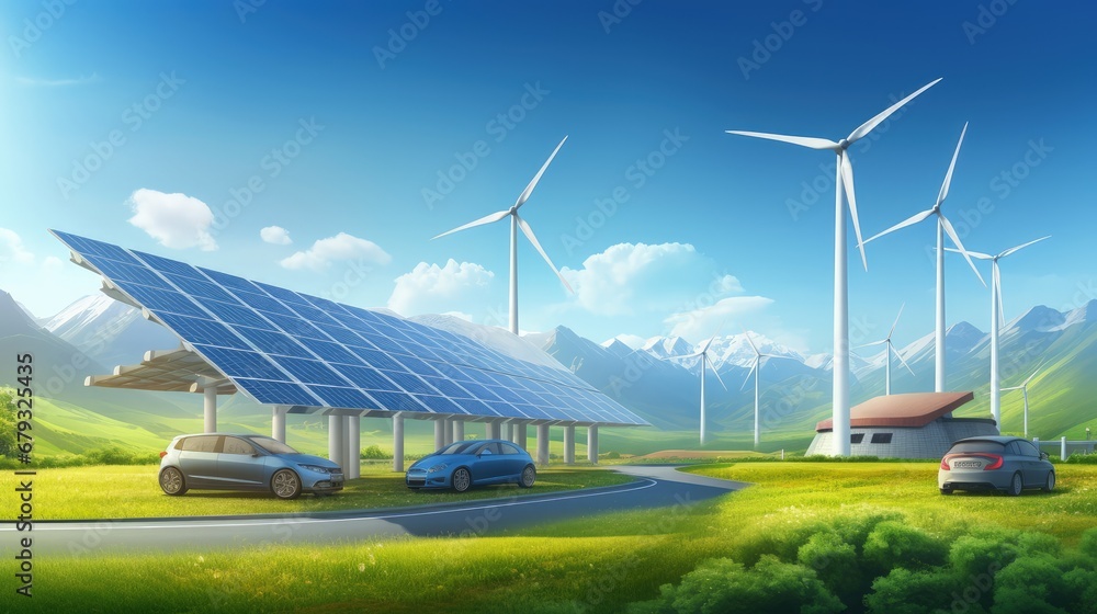 Using of charge station, solar panel and windmill background ...