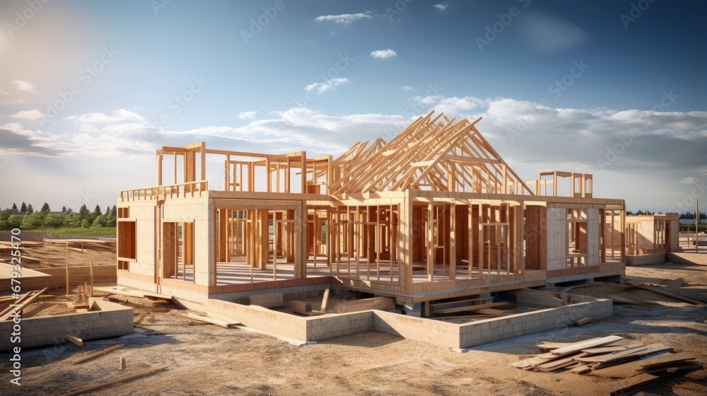 Wooden frame structure house building on a new development framing of ...